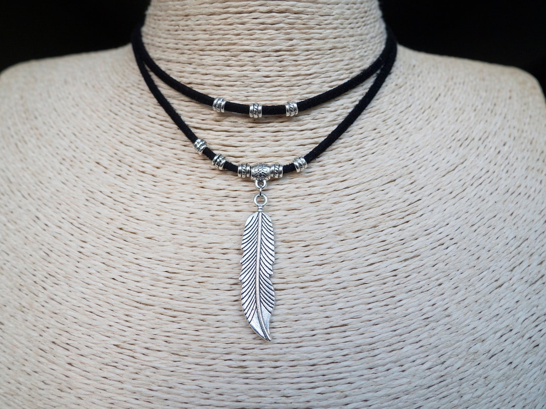 Feather Necklace Double Choker Feather Pendant Layered Necklace Vegan ...