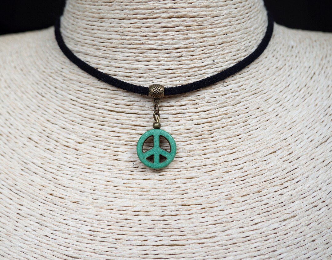 Peace Sign Necklace Cord Choker Peace Sign Choker Turquoise Pendant ...