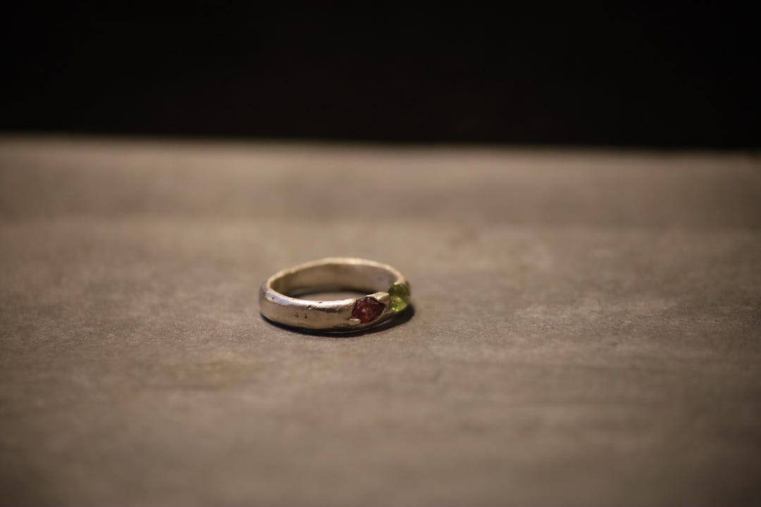 Silver Sand Cast Ring With Peridot and Ruby. Handmade Item With ...