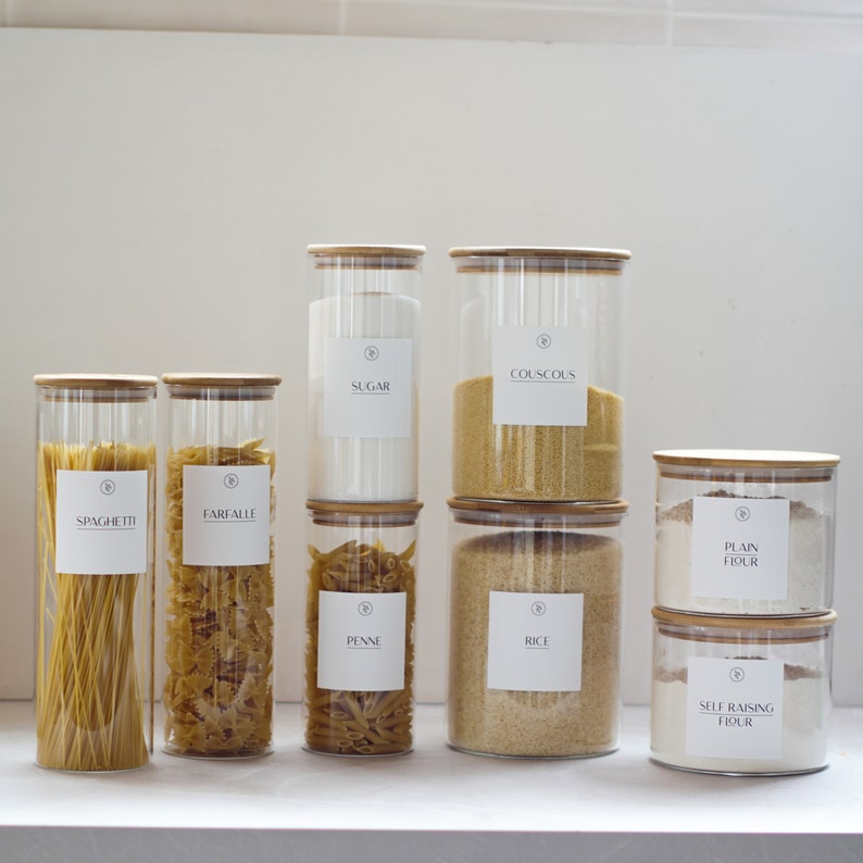 8 Piece Glass Pantry Jar Set, Bamboo Kitchen Storage Set ...