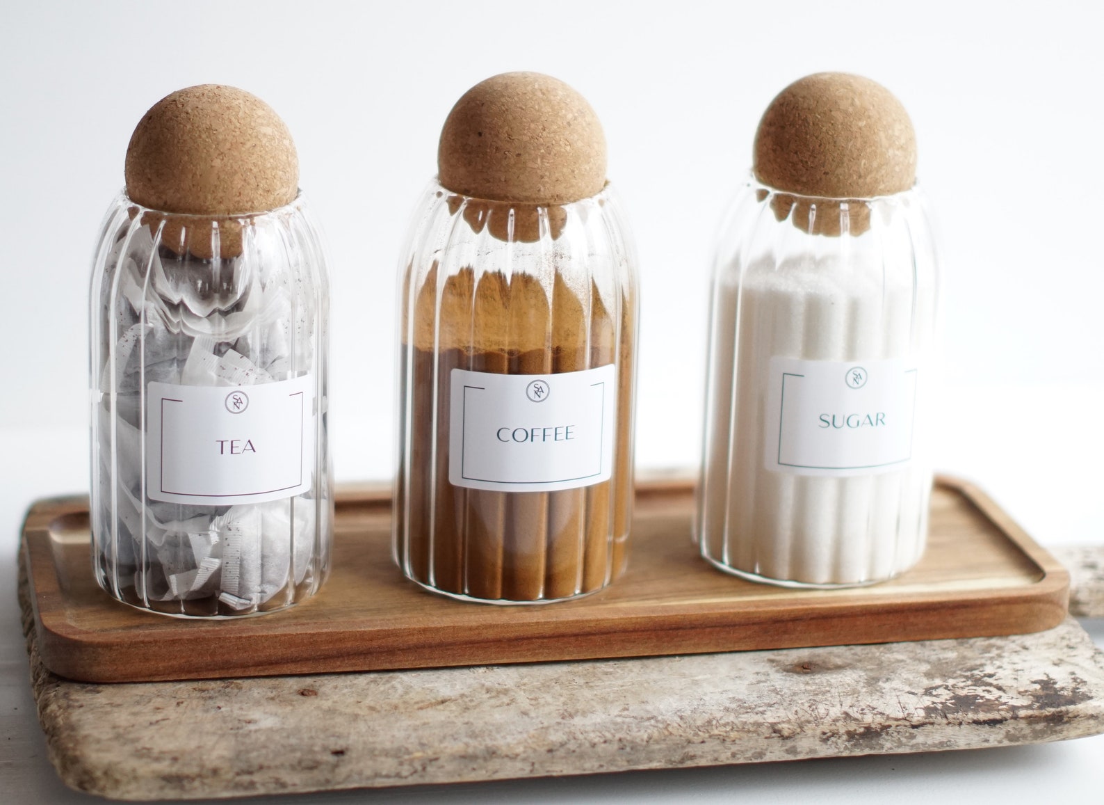 Reeded Glass Tea Coffee Sugar Jars Kitchen Storage Canisters With Cork ...