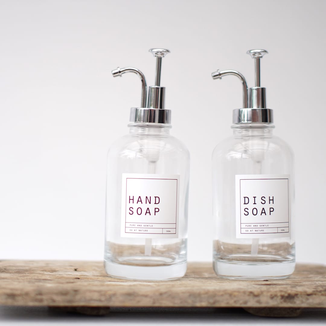 Clear Glass Bottle Set With Metal Silver Pump, Hand Soap Dish Soap ...