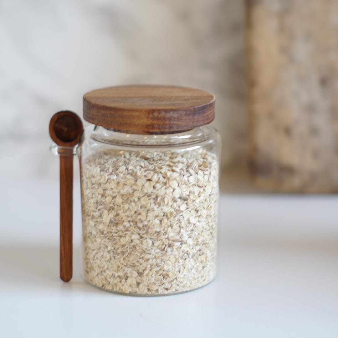 600ml Kitchen Glass Jar With Acacia Lid and Spoon, Pantry Storage Jar ...