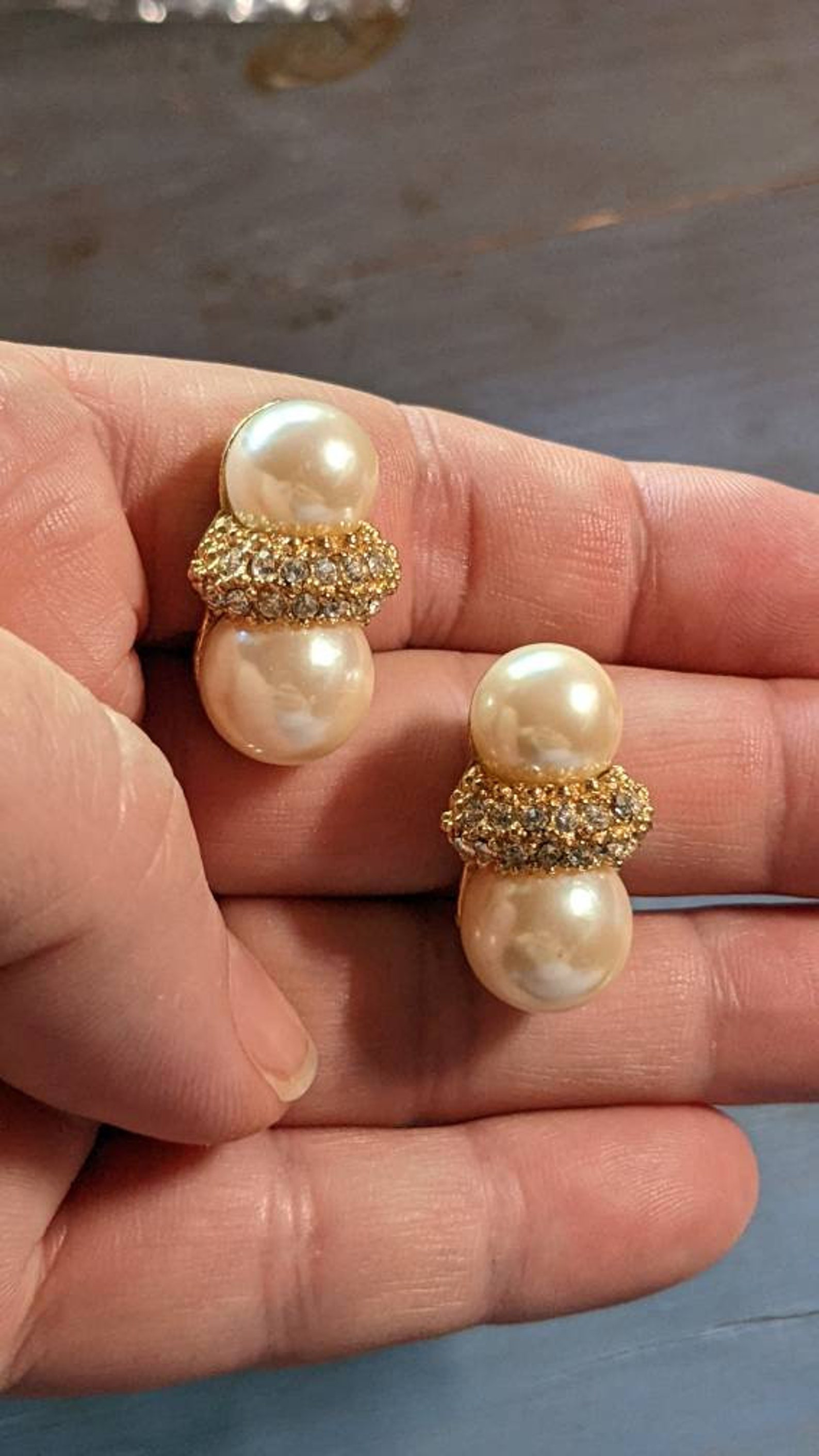 Vintage Richelieu Double Pearl With Rhinestones Accents Clip-on ...