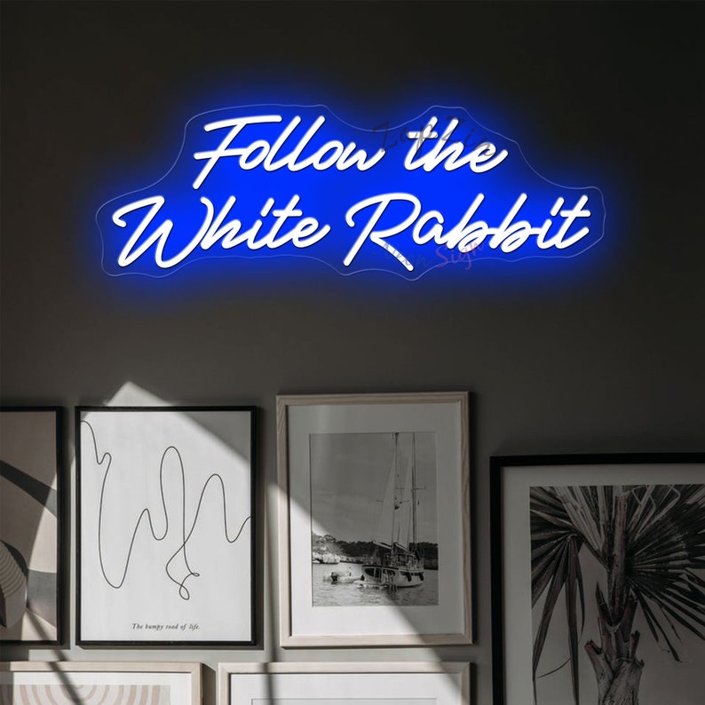 Follow the White Rabbit Neon Sign, Custom Bunny Led Neon Light, White ...
