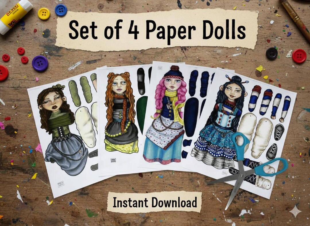 Printable Articulated Paper Dolls – 4 Pre-colored DIY Dolls, Instant ...