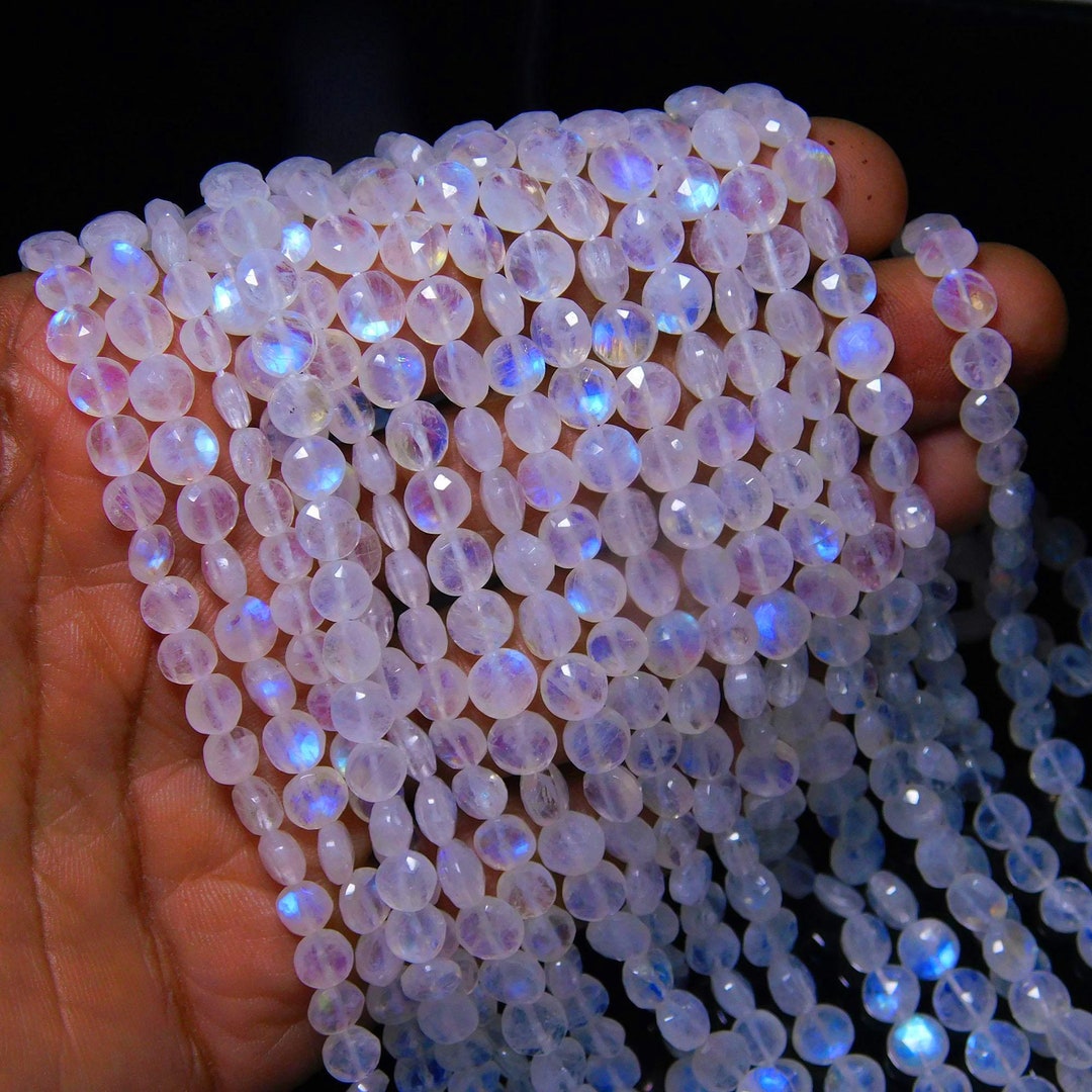 Natural Blue Fire Rainbow Moonstone Faceted Coin Shape Beads 13" Strand ...