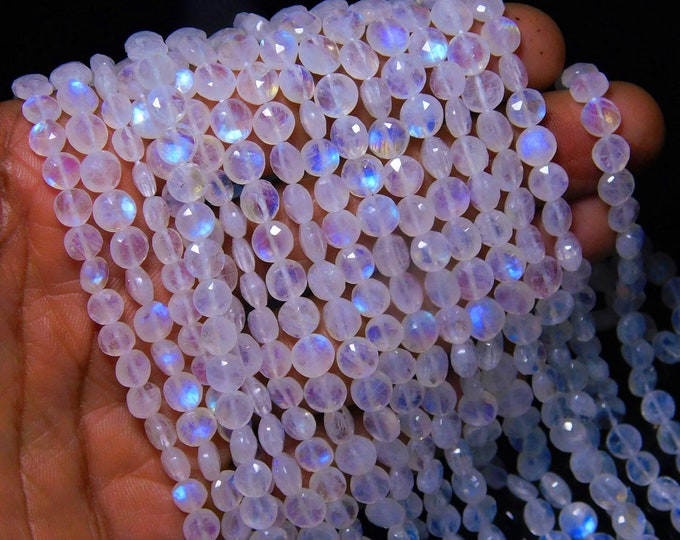 Natural Blue Fire Rainbow Moonstone Faceted Coin Shape Beads 13" Strand ...