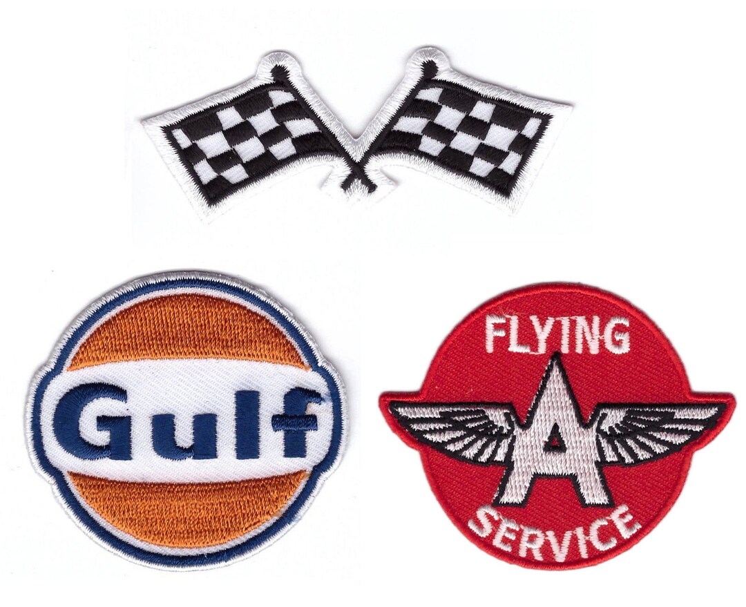 GULF Gas Fuel Oil Mechanic Garage Racing Checkered Flags Iron on Patch ...