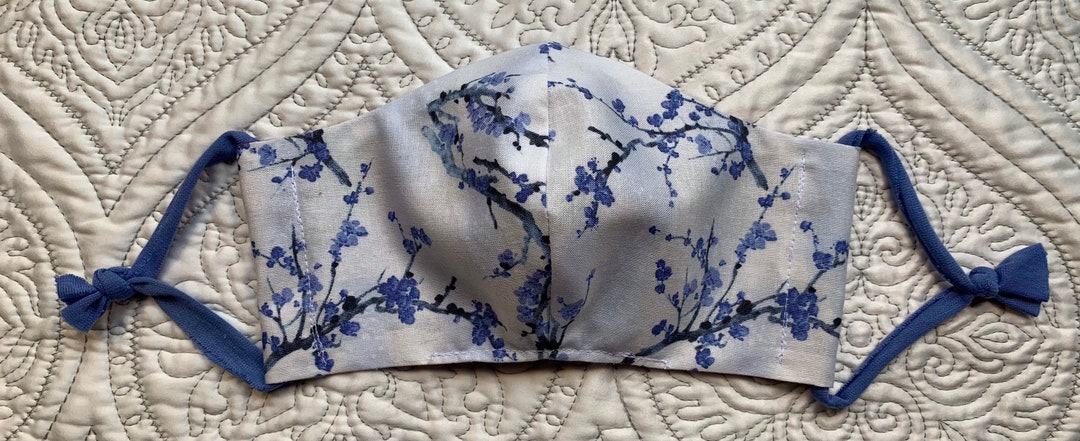 Reversible Fitted Adult Face Mask Cotton Machine Washable Blue Blossoms ...
