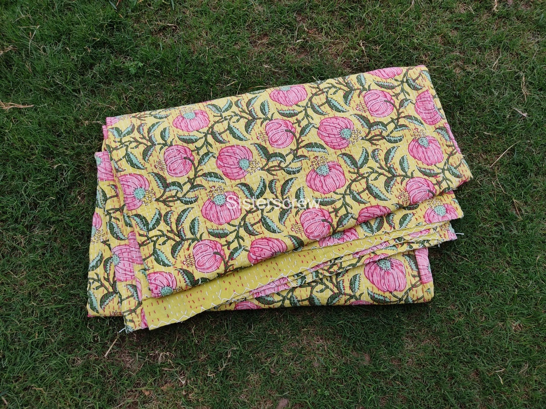 EXPRESS SHIPPING Pumpkin Foral Print Cotton Kantha Quilt Queen Size ...