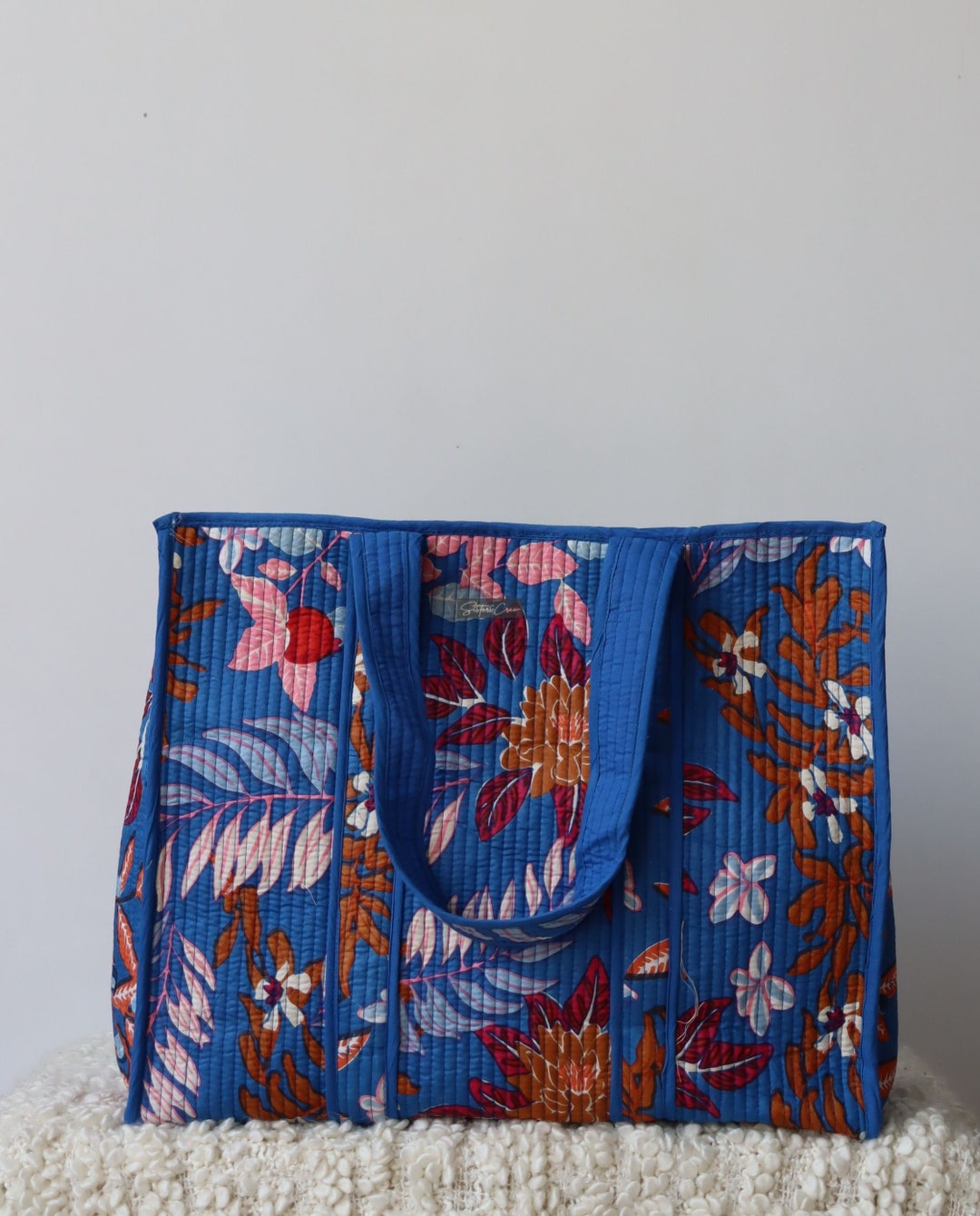 Handmade Kantha Quilted Tote Shopping Bag, Floral Print Cotton Market ...