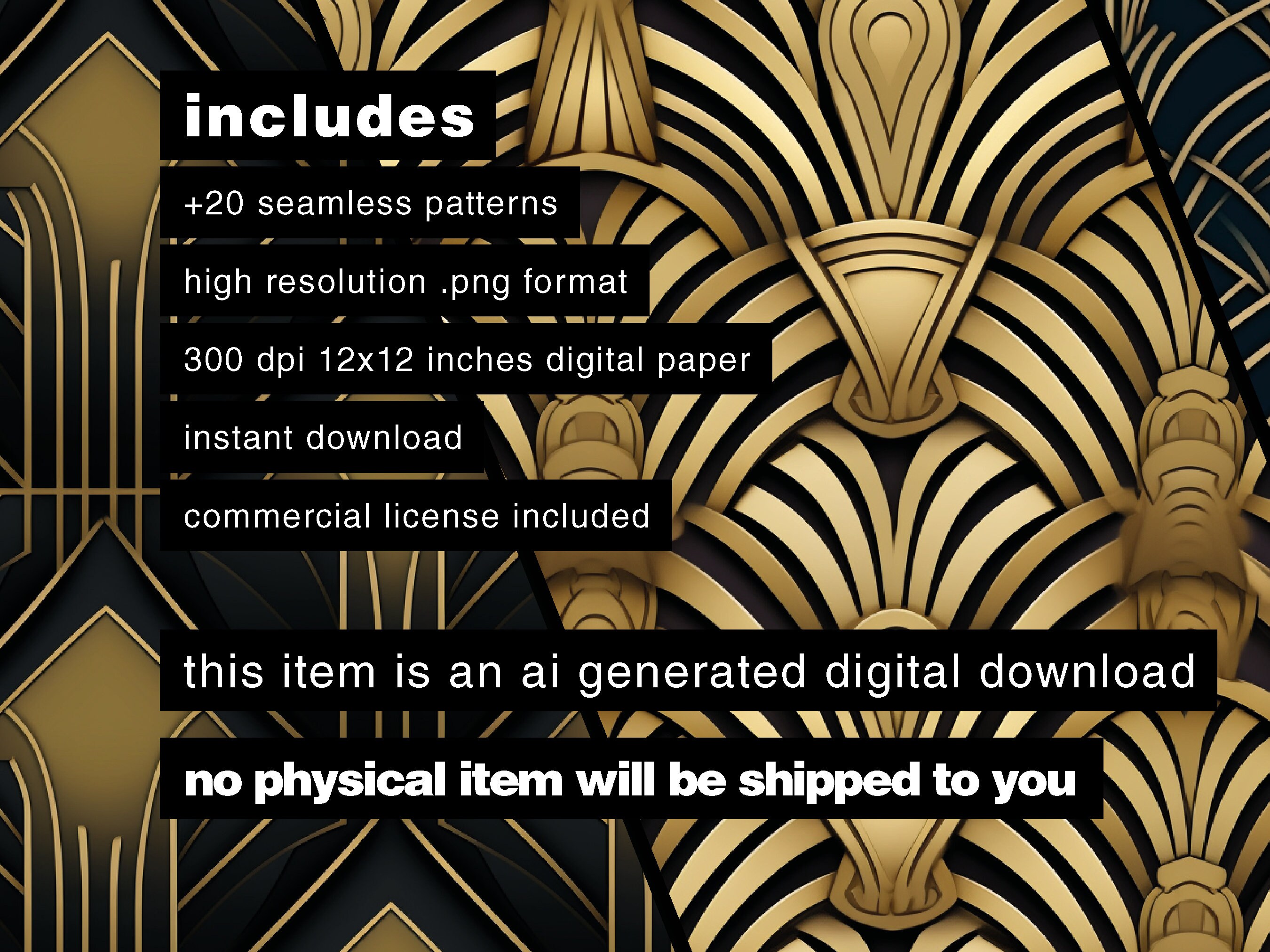 Art Deco Black and Gold Digital Papers Golden Luxury Seamless - Etsy