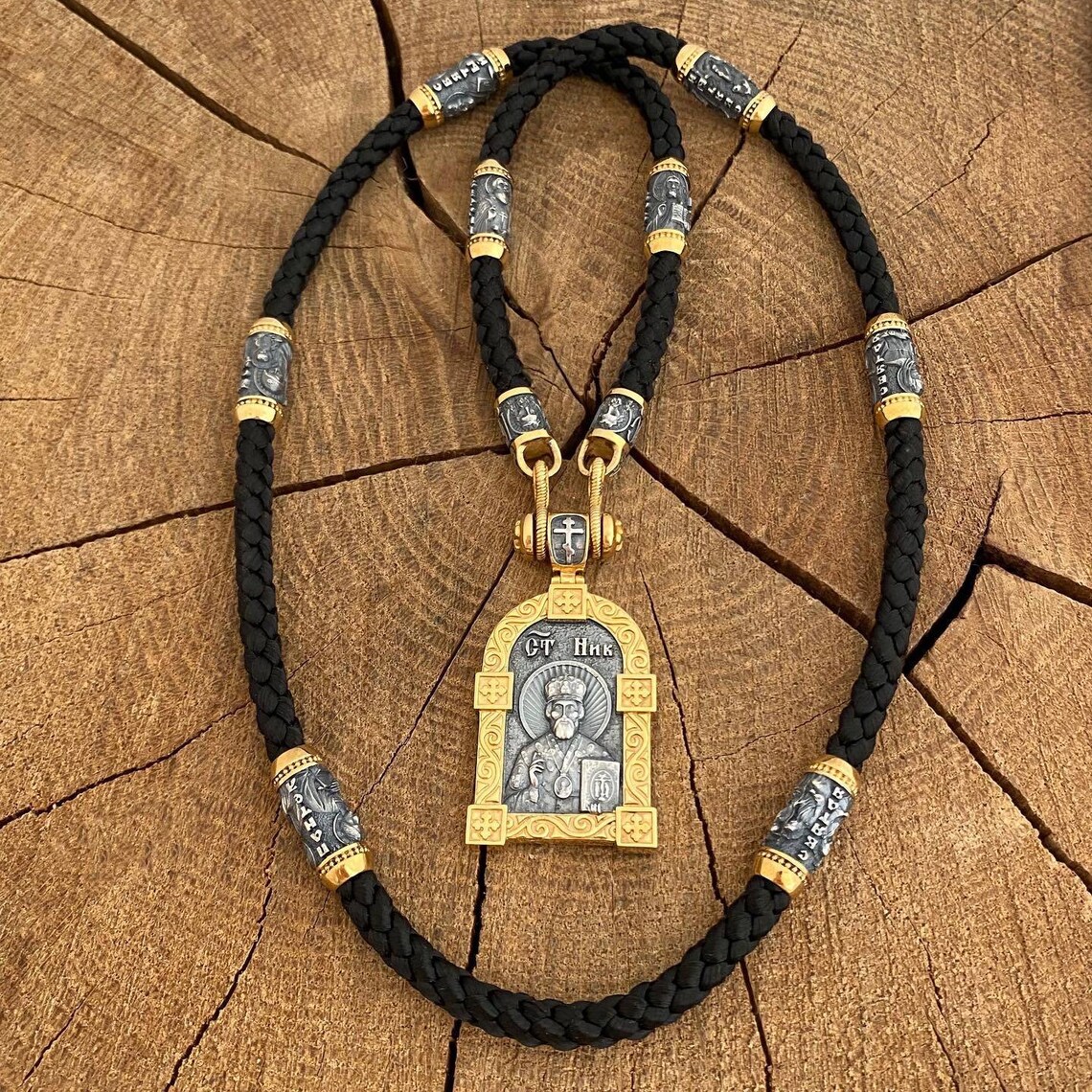Silk Lace With Orthodox 24K Gold Plated 925 Silver Inserts and Pendant ...