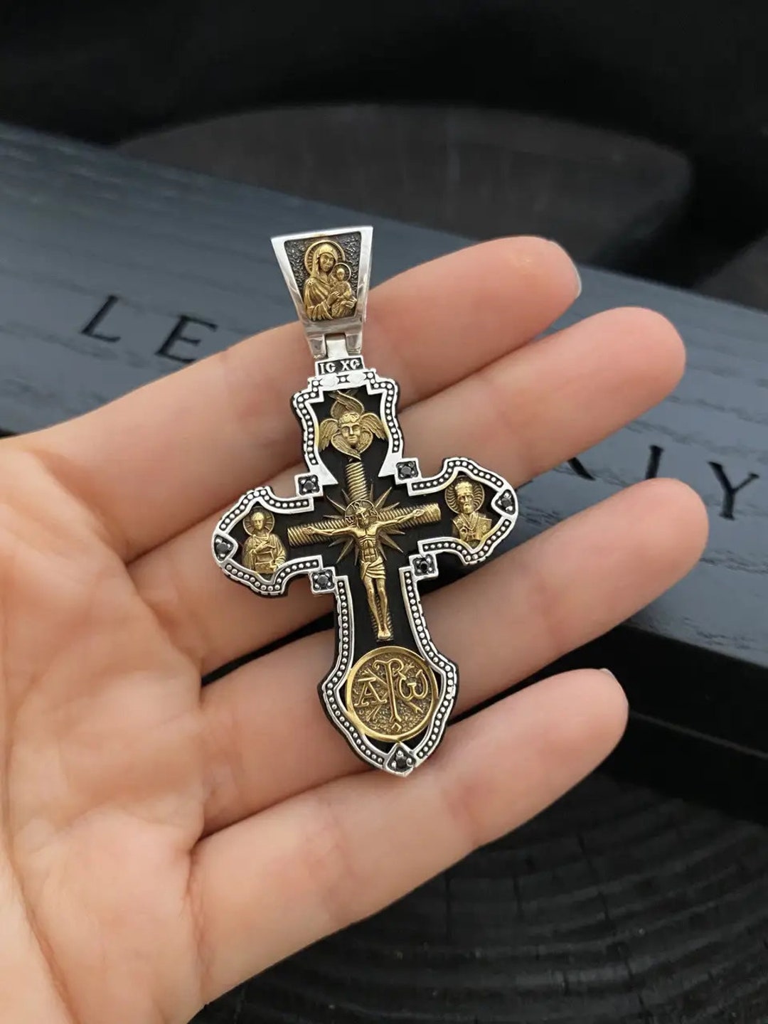 Sterling 925 Silver Orthodox Cross Pendant With Black Wood and 24K ...