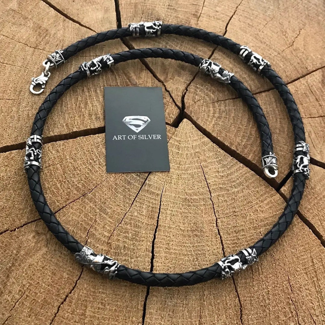 Leather Cord Around the Neck With Blackened 925 Sterling Silver Inserts ...