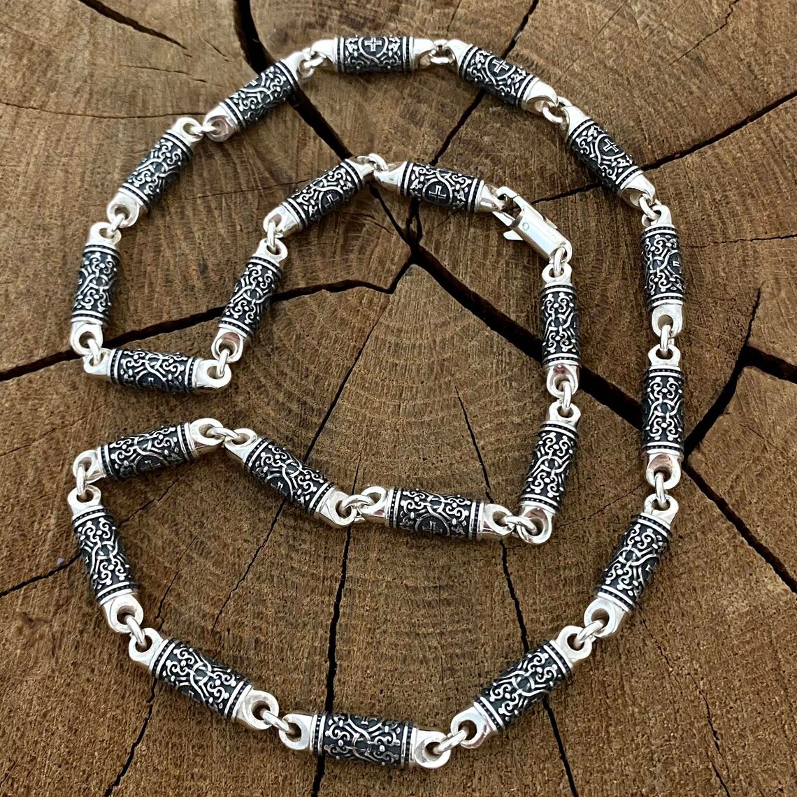 Silver Chain With Pattern Silver Men's Chain Oxidized Byzantine Chain ...