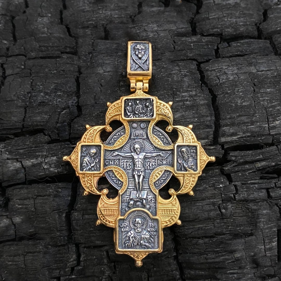 24K Gilded 925 Silver Double-sided Orthodox Cross the Crucifixion of Christ With Those to Come ...