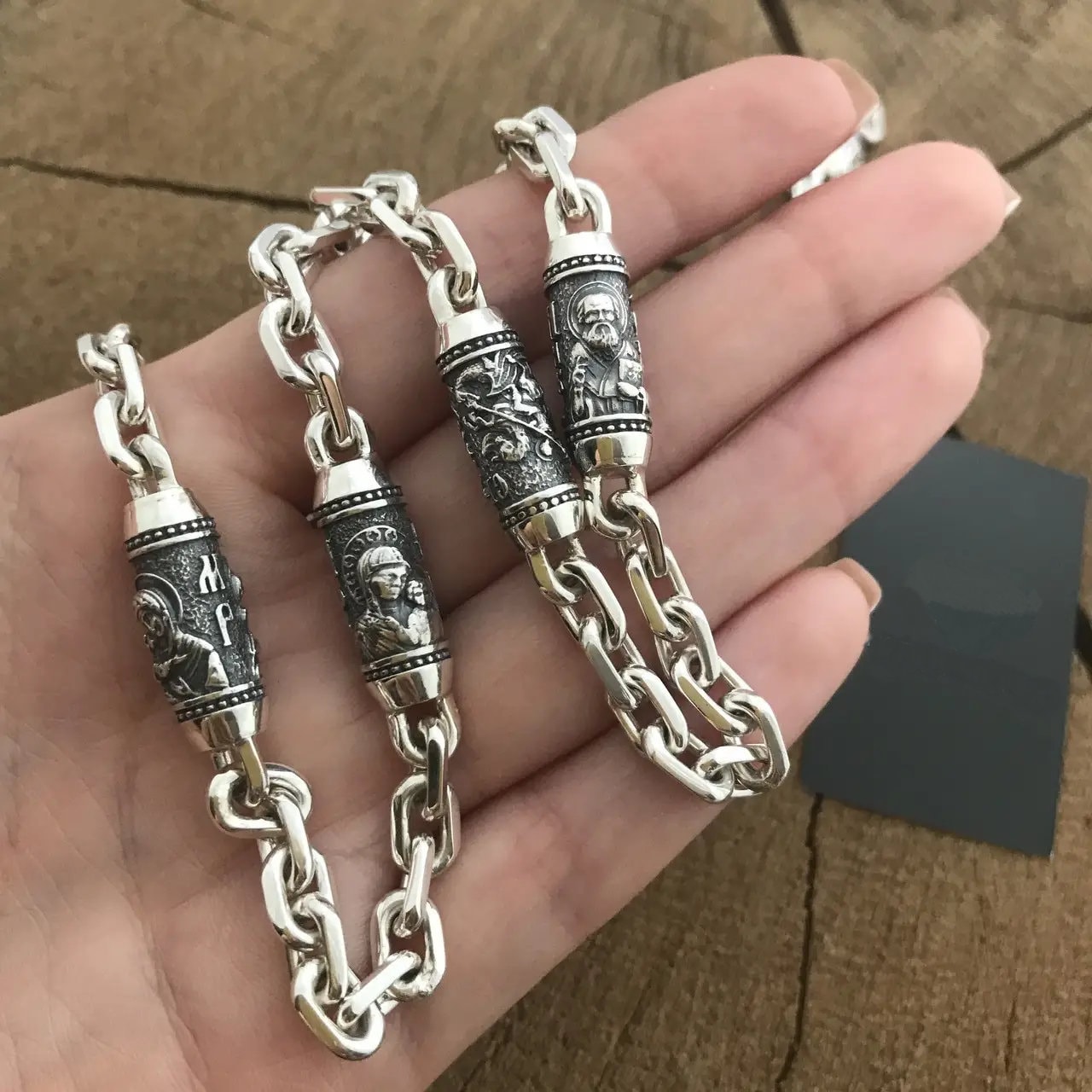 Men's 925 Silver Set Anchor Chain With 6 Orthodox Inserts of the Faces ...