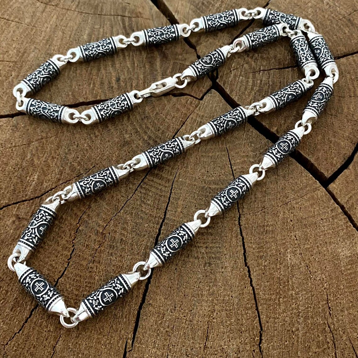 Silver Chain With Pattern Silver Men's Chain Oxidized Byzantine Chain ...