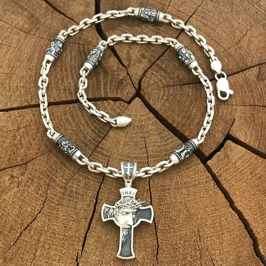 Men's 925 Silver Set Anchor Chain With 6 Orthodox Inserts of the Faces ...