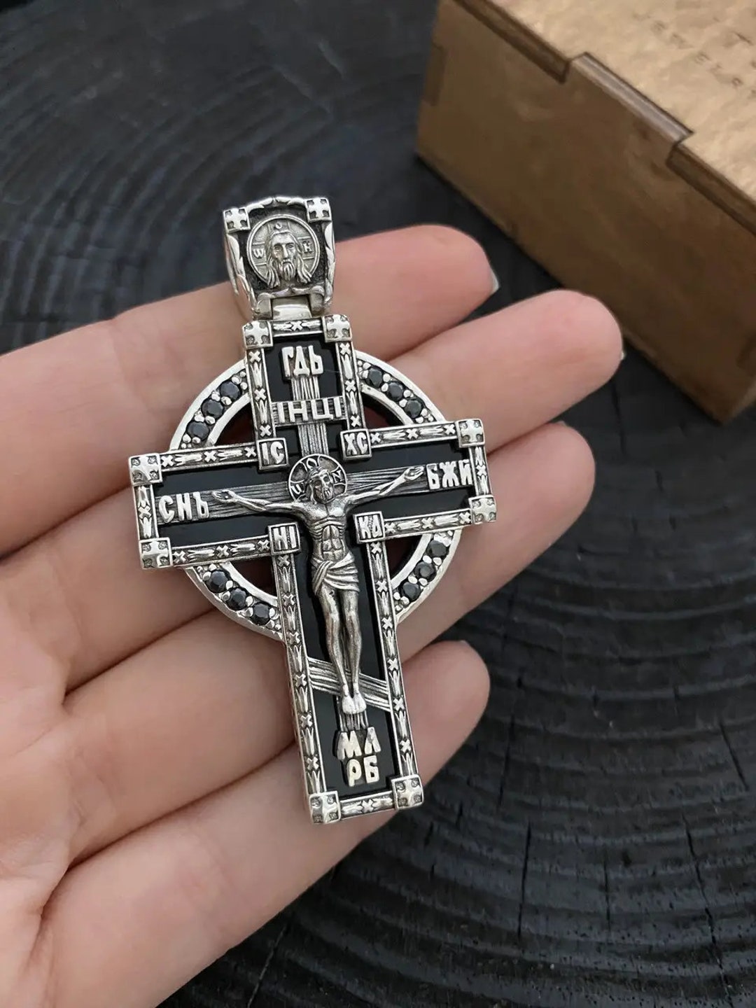 Handmade 925 Sterling Silver Orthodox Cross Pendant With Onyx and Black ...