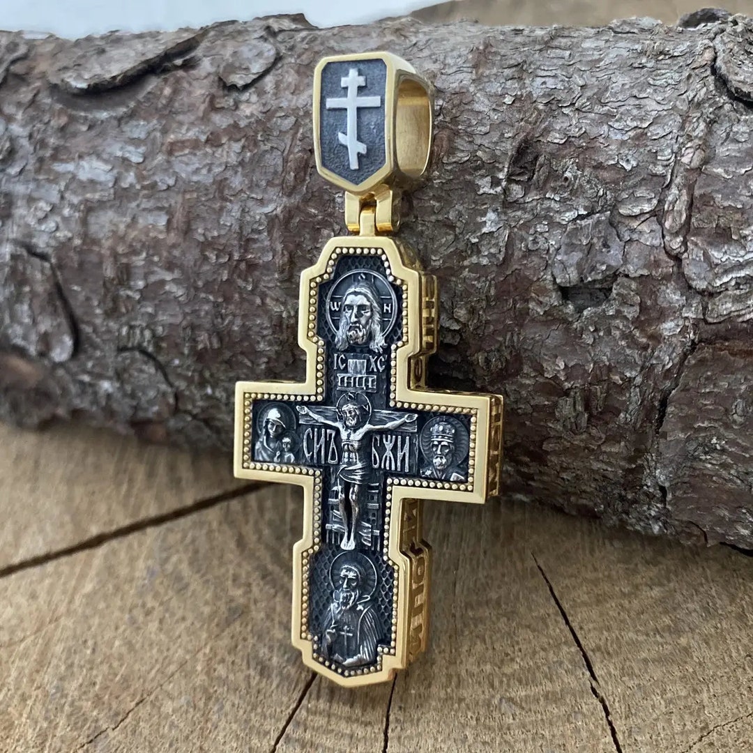 Blackened 24К Gold Plated 925 Sterling Silver Orthodox Cross With Faces ...