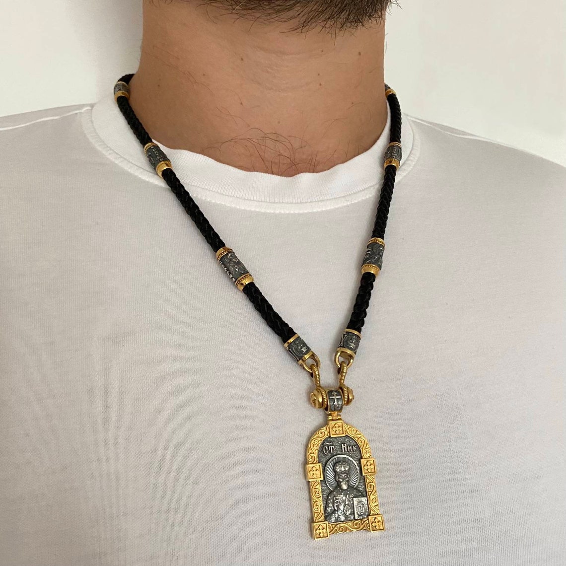 Silk Lace With Orthodox 24K Gold Plated 925 Silver Inserts and Pendant ...