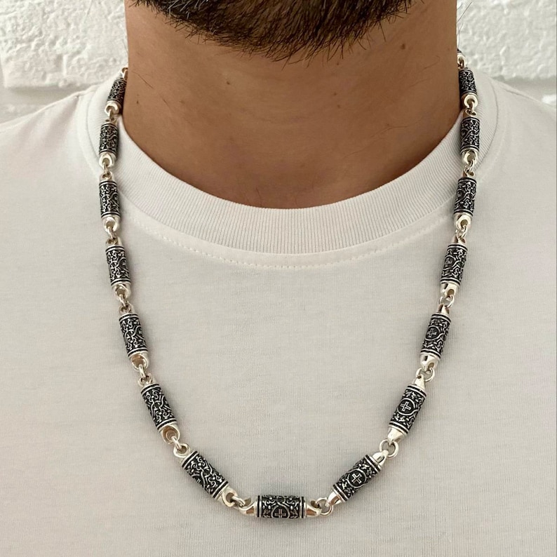Silver Chain With Pattern Silver Men's Chain Oxidized Byzantine Chain ...