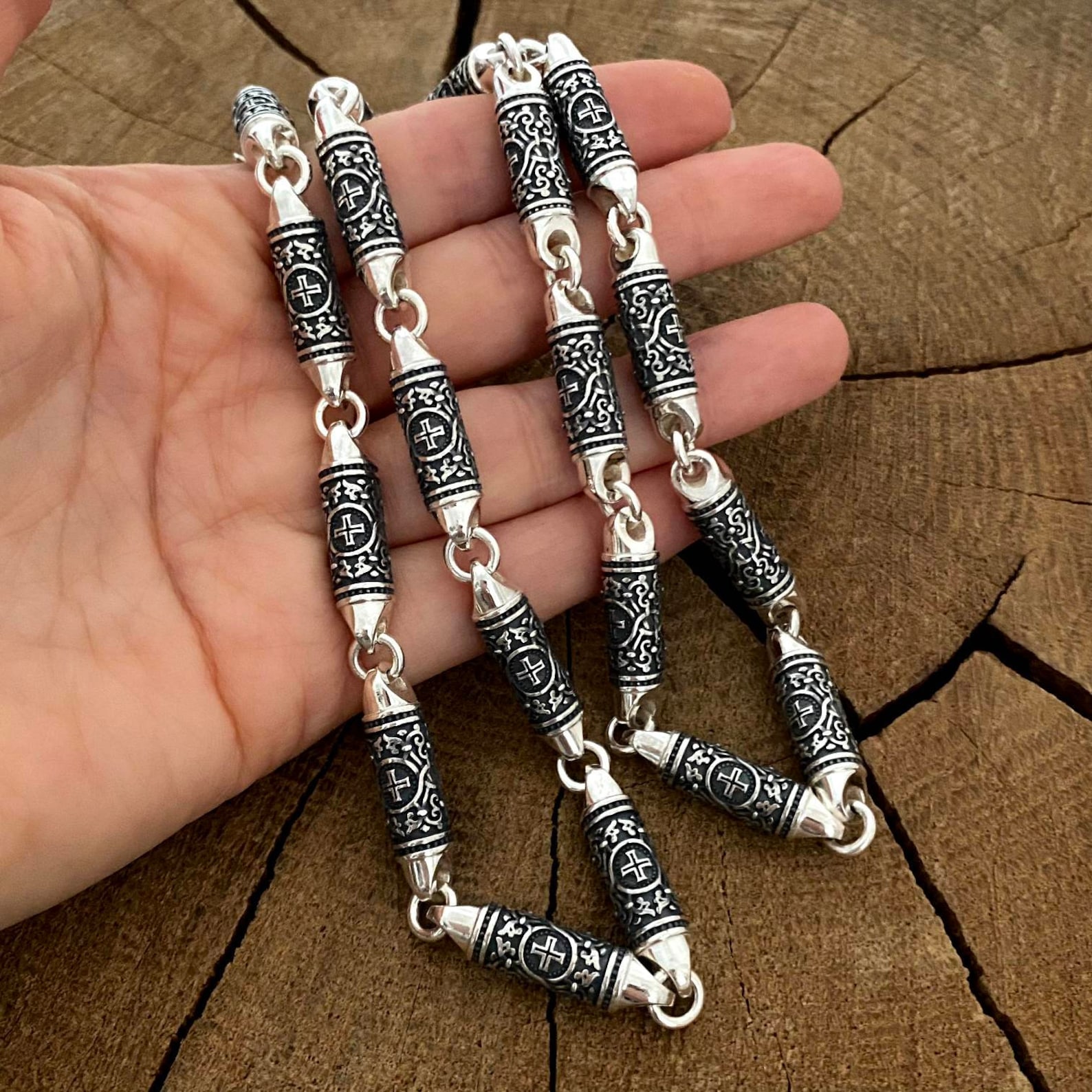 Silver Chain With Pattern Silver Men's Chain Oxidized Byzantine Chain ...