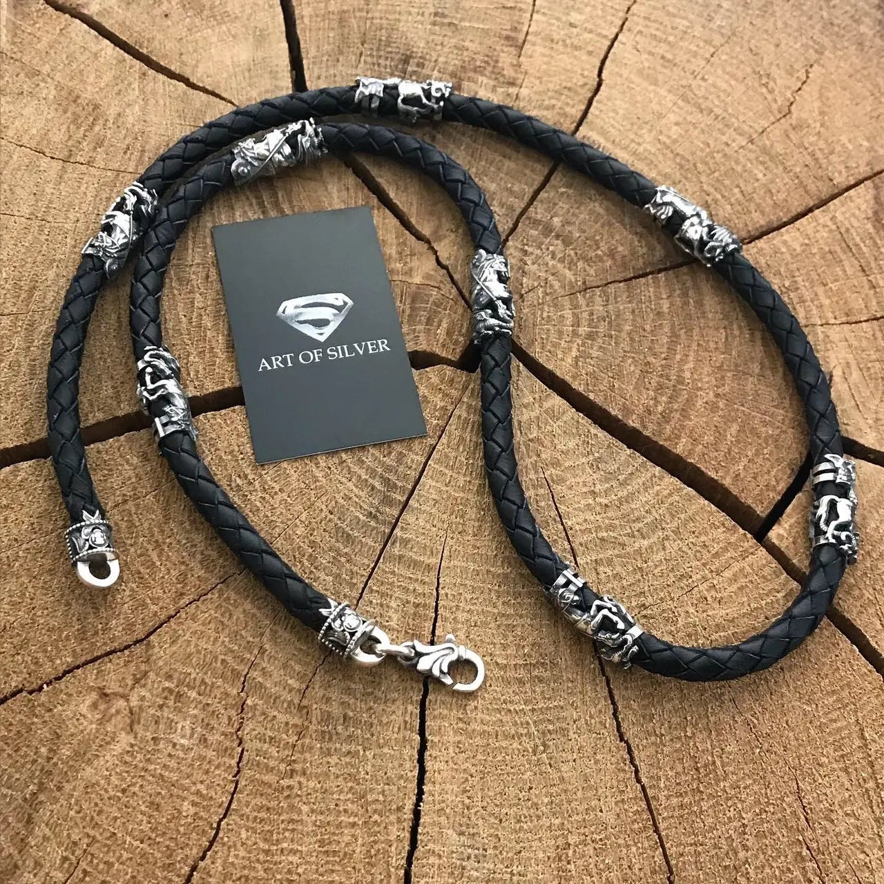 Leather Cord Around the Neck With Blackened 925 Sterling Silver Inserts ...