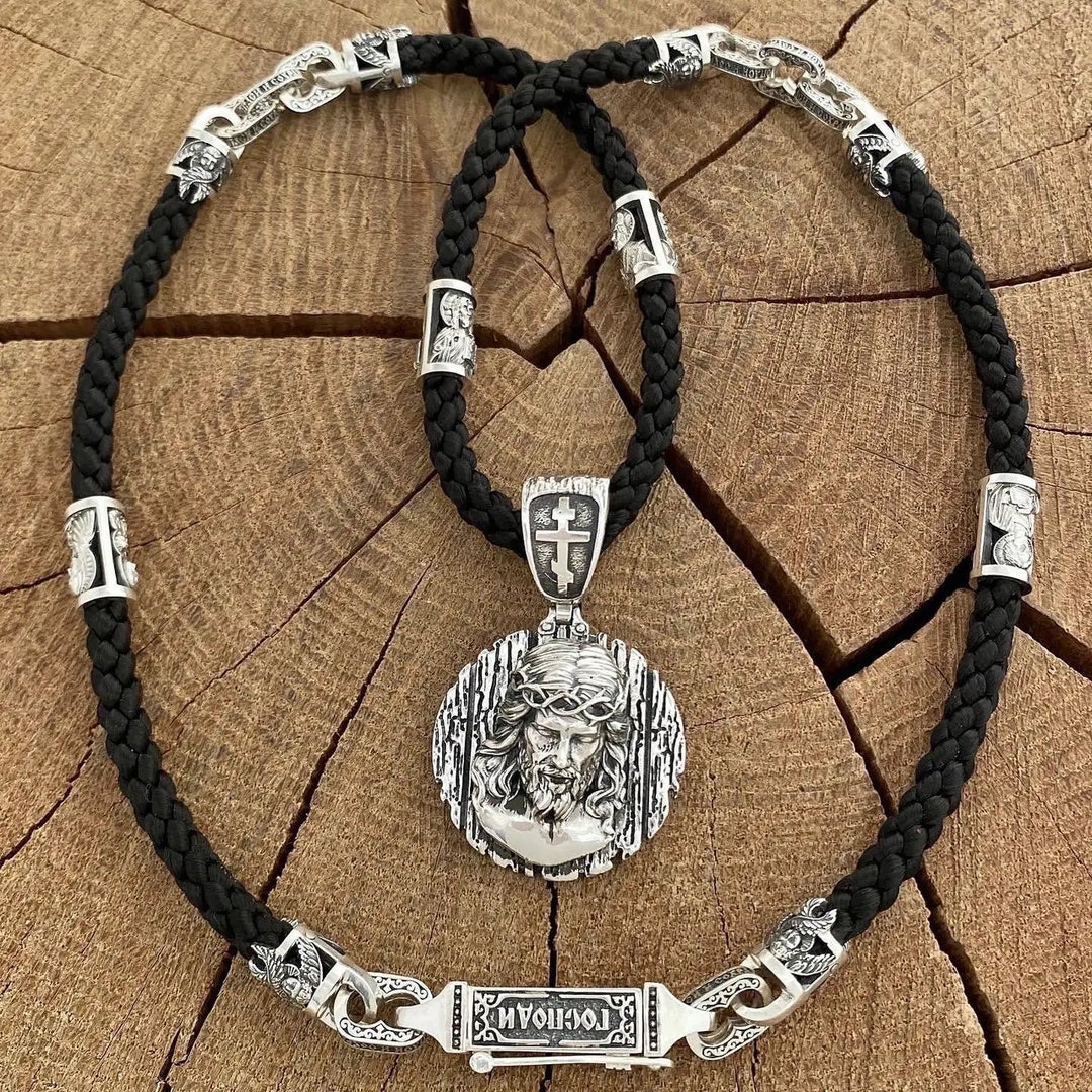 Sterling Blackened Silver 925 Jesus Christ Pendant on Silk Cord With ...