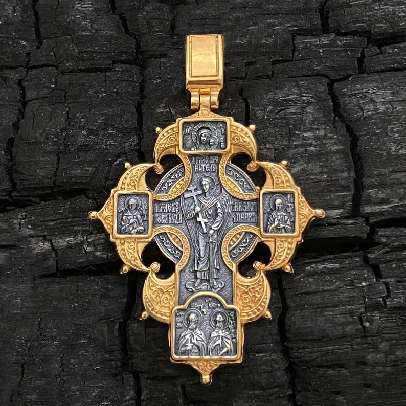 24K Gilded 925 Silver Double-sided Orthodox Cross the Crucifixion of ...