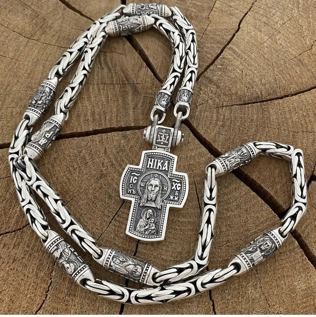 925 Sterling Silver Fox Tail Chain With Inserts and Ortxodox Cross ...