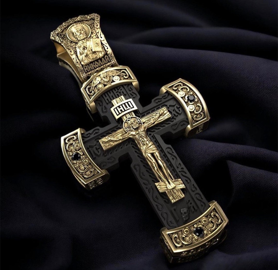 24K Gold Plated 925 Silver Orthodox Cross Pendant With Blackening ...