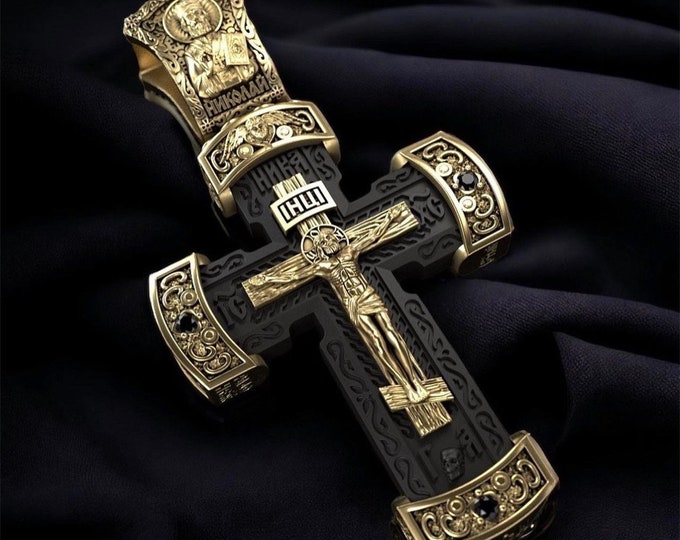 24K Gold Plated 925 Silver Orthodox Cross Pendant With Blackening ...