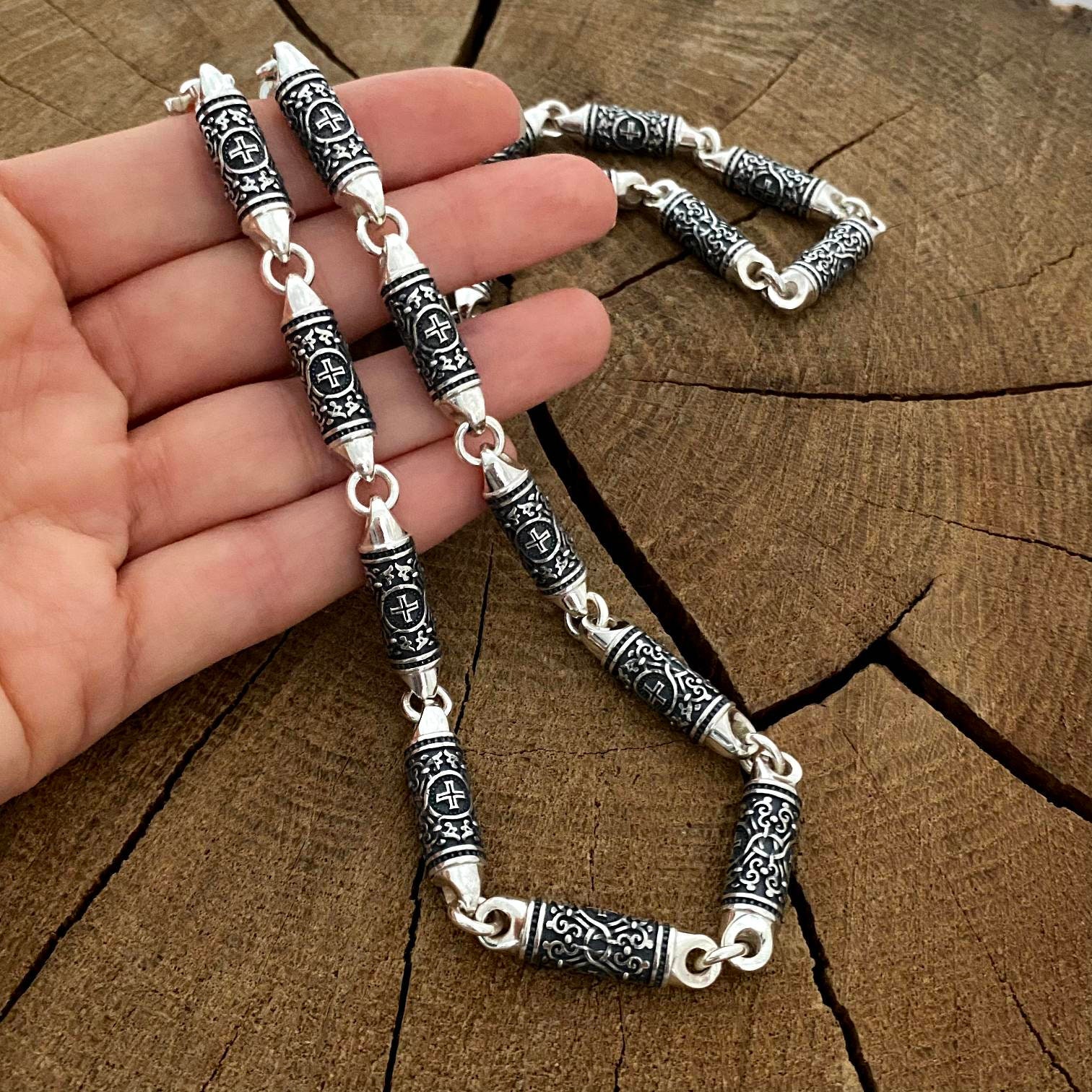 Silver Chain With Pattern Silver Men's Chain Oxidized Byzantine Chain ...