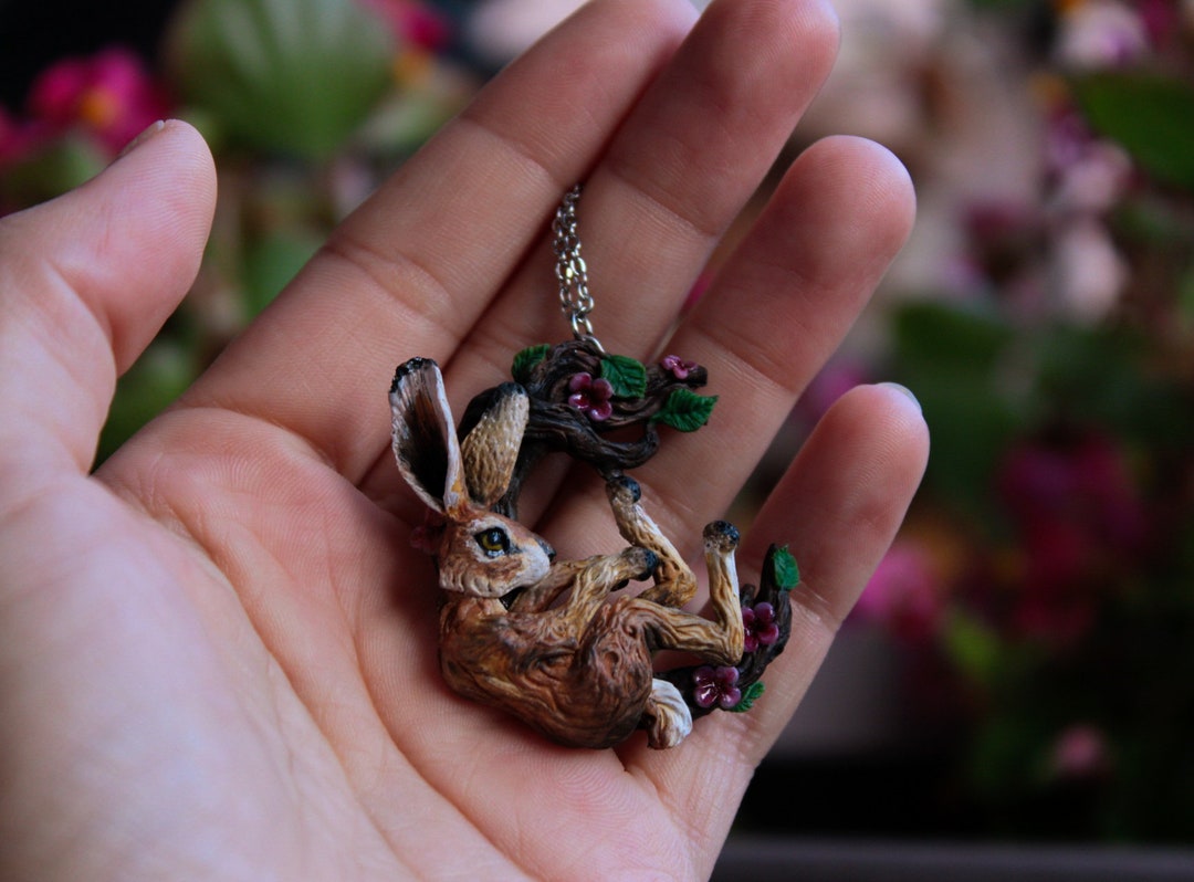 Whimsical Hare March Hare Rabbit Necklace Bunny Jewelry Polymer Clay ...