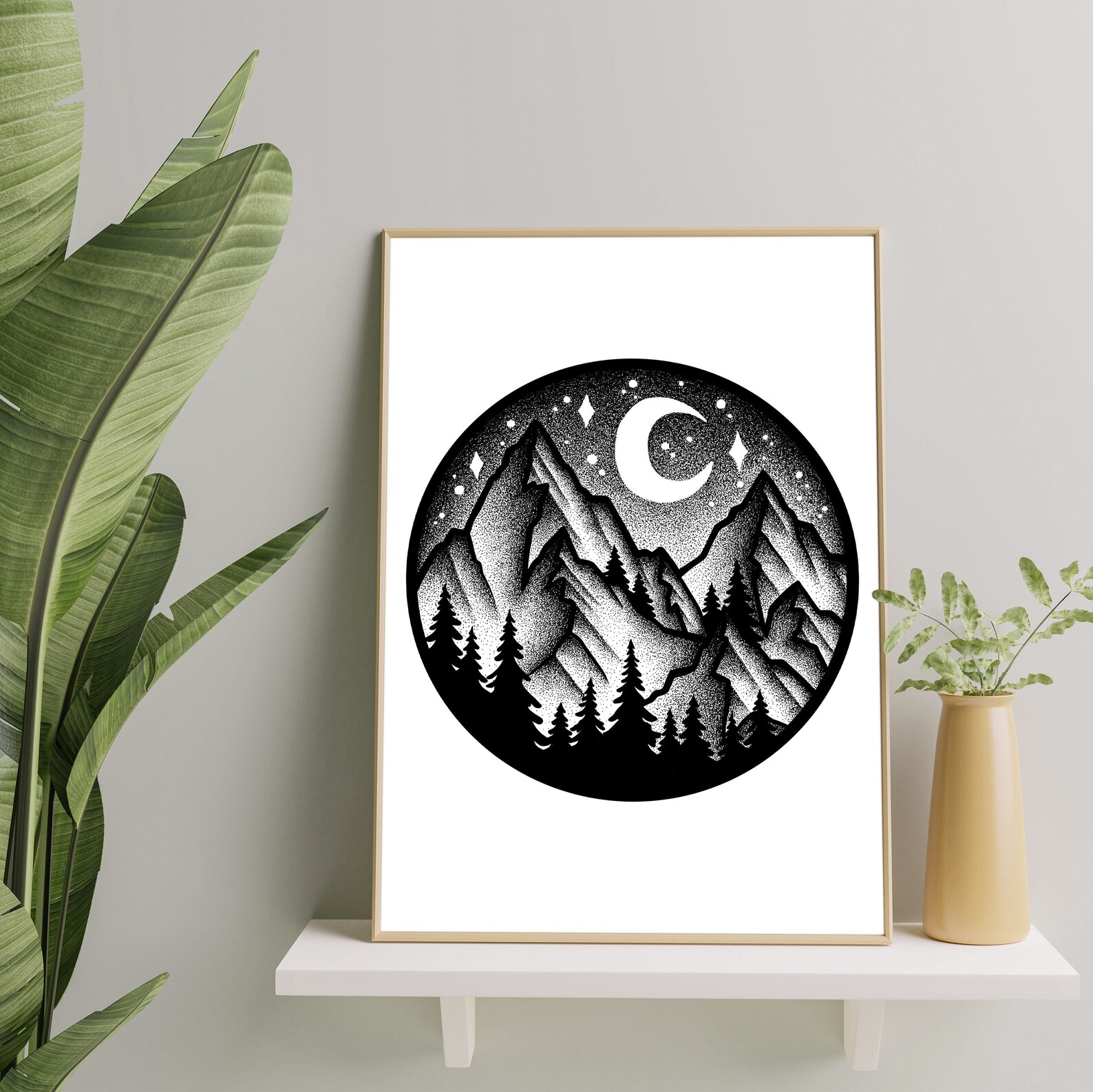 Circle Mountain Forest Pointillism Art Print | Black & White ...