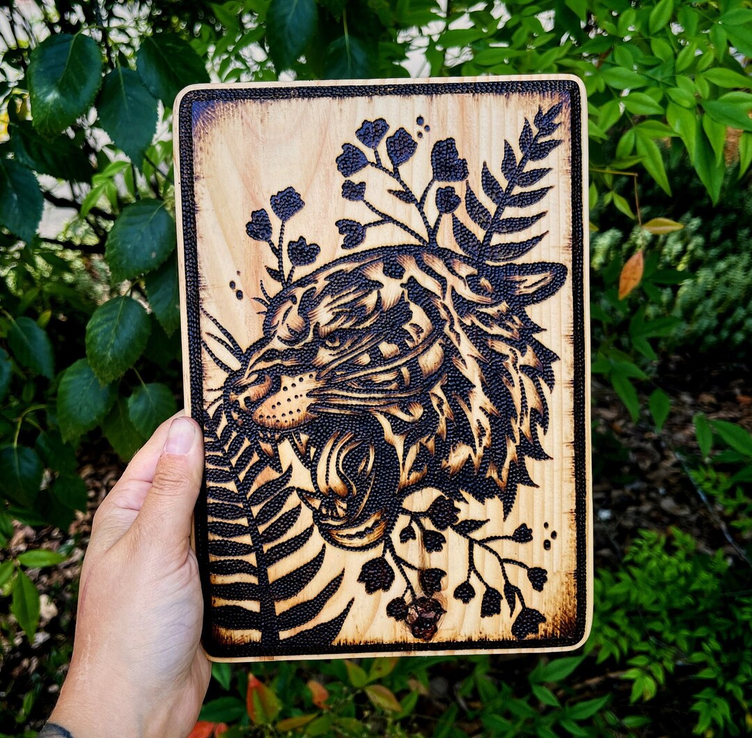 Tiger Botanical Wood Burning Wall Art Tiger Pyrography Wooden Sign Wood ...