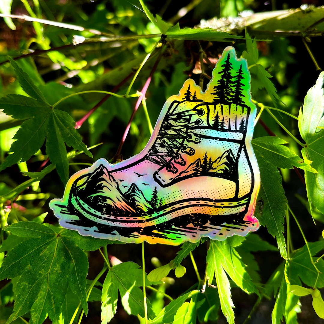 Holographic Hiking Boot Sticker | Mountain Forest Hiking Decal ...