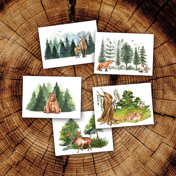 PNW Watercolor Woodland Animal Greeting Cards Wild Animal | Etsy