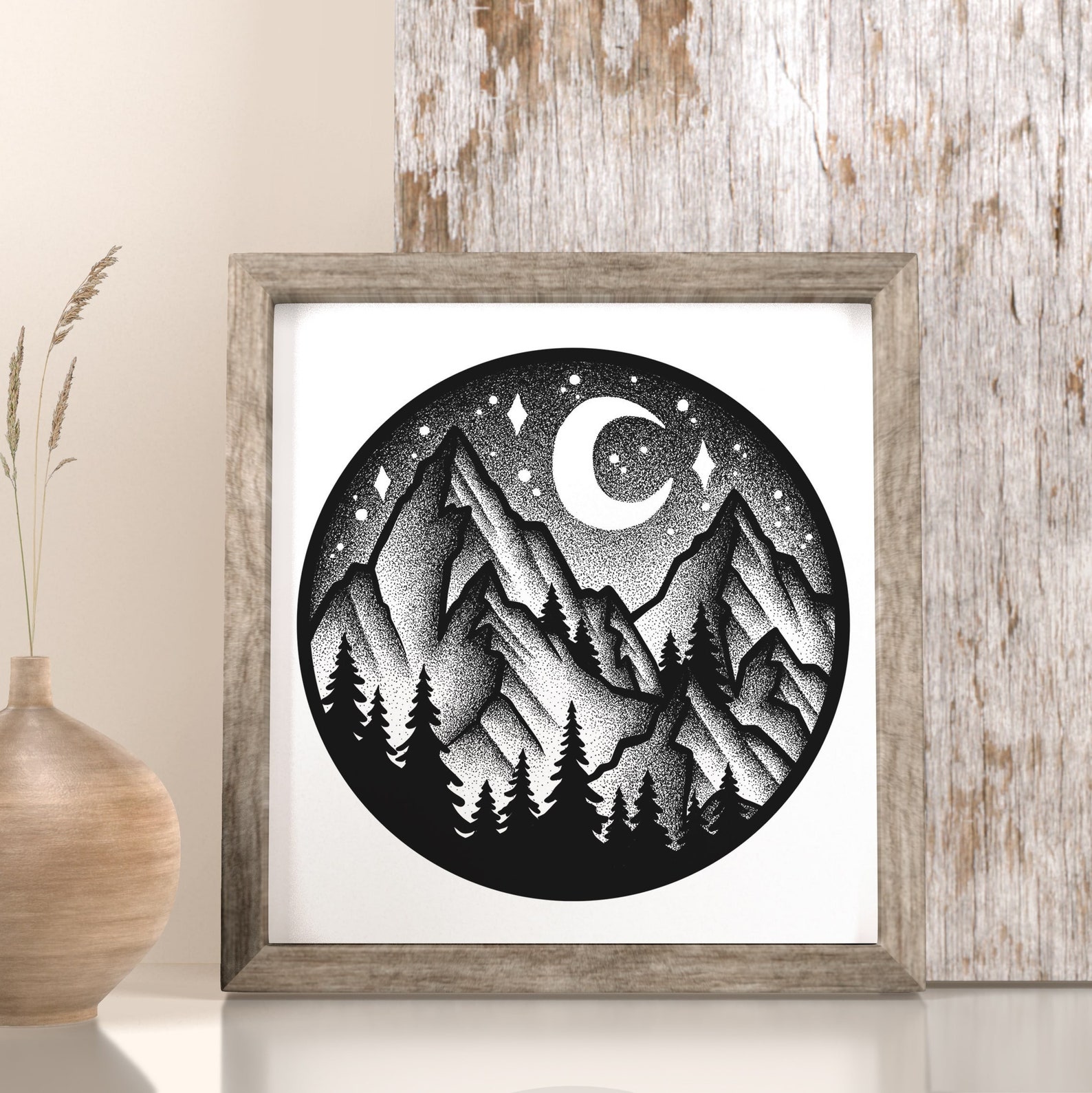 Circle Mountain Forest Pointillism Art Print | Black & White ...