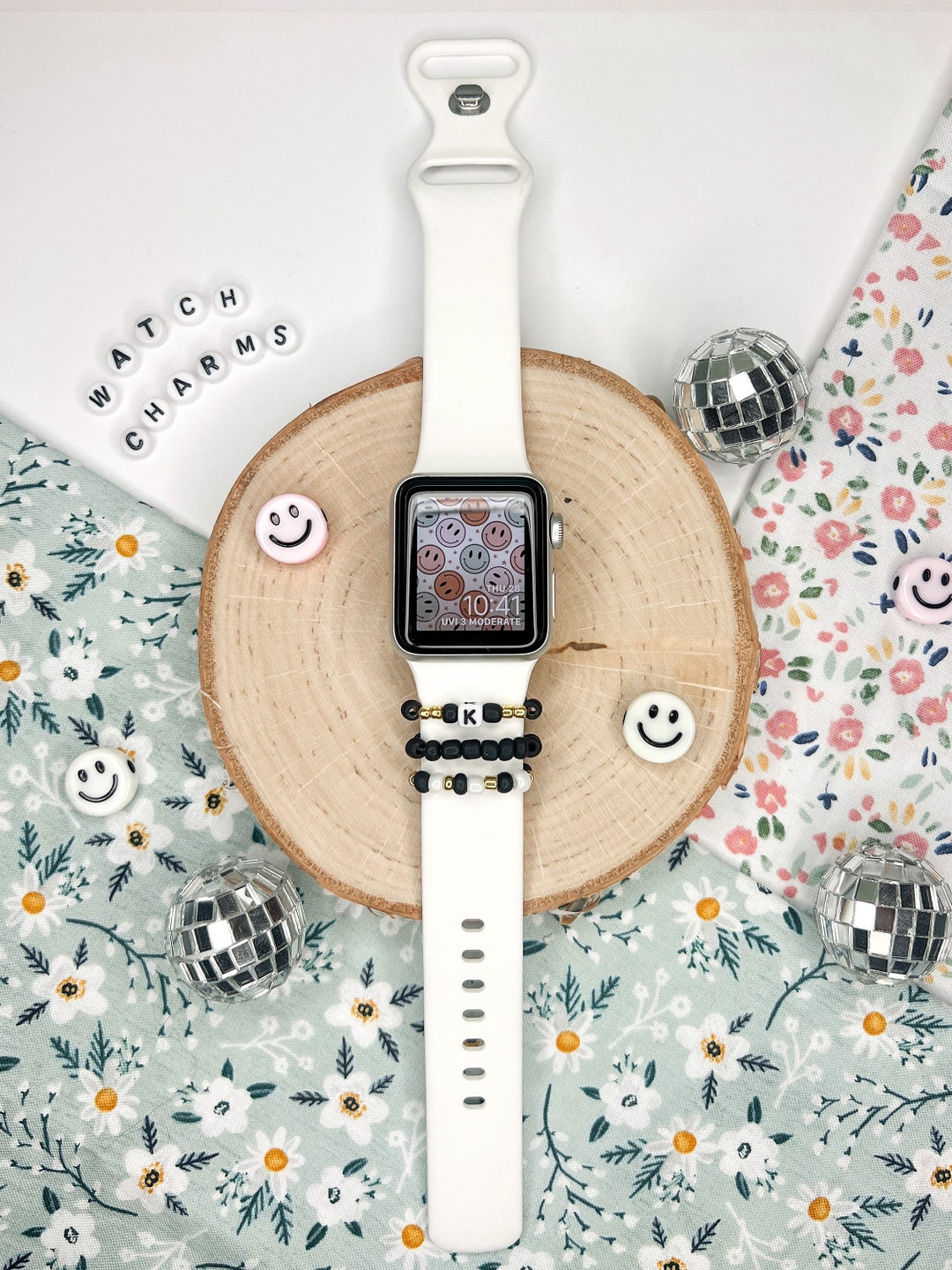 Gold & Black Beaded Apple Watch Charms: Smiley Face Watch Stackers - Etsy