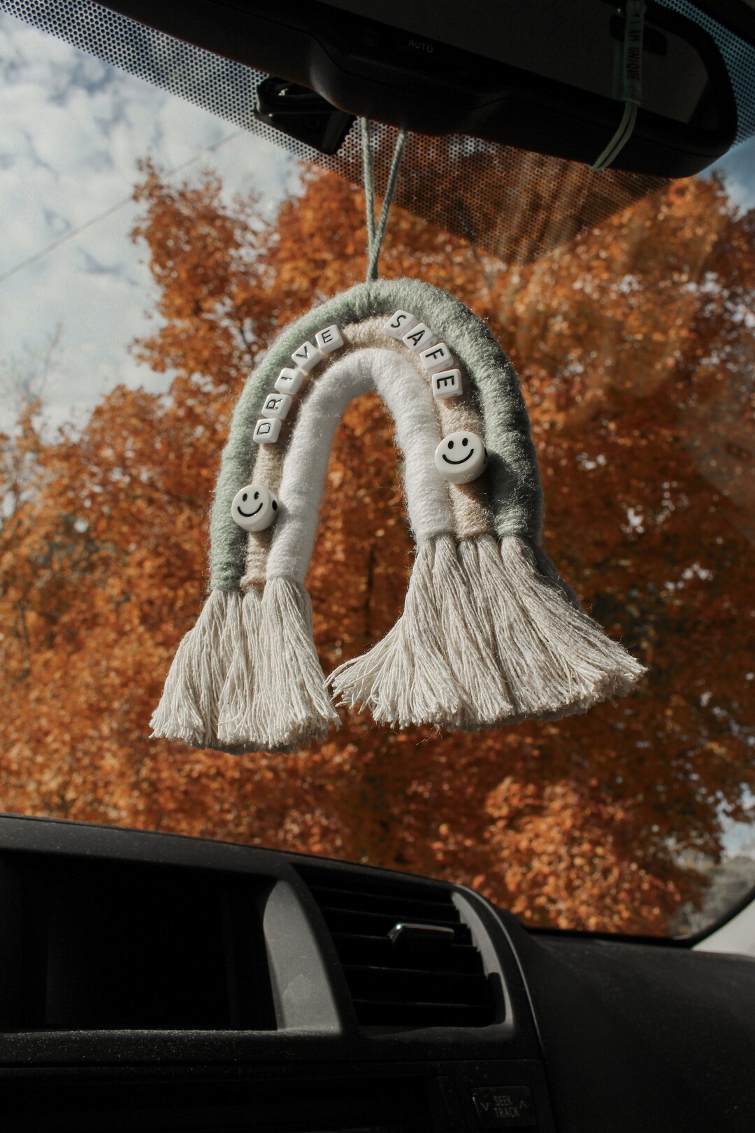 Drive Safe Brown and Blue Smiley Face Macrame Rainbow Car Charm/car ...