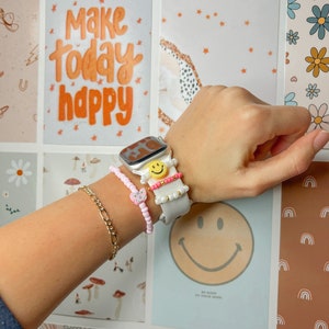 Pink, White, and Gold Smiley Face Beaded Watch Charm Set/apple Watch ...