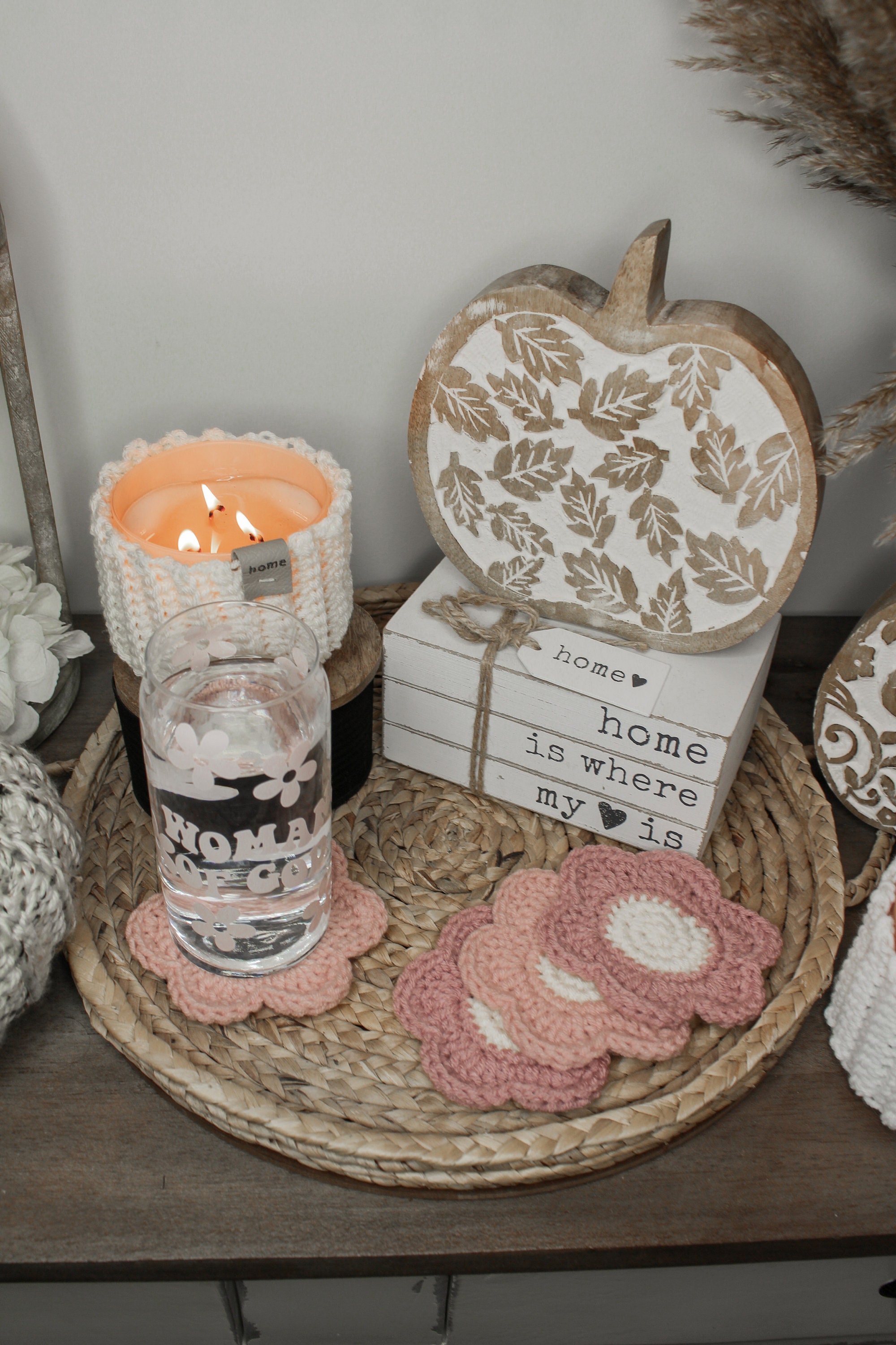 Boho/farmhouse Pink Crochet Flower 4 Set Coasters/gifts for - Etsy