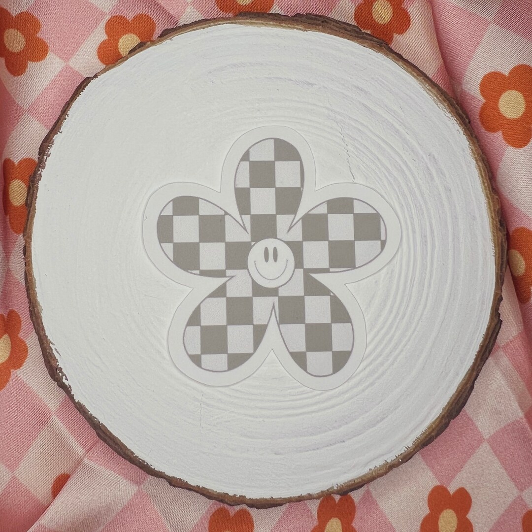 Sage Green Smiley Face Checkered Flower Water Resistant Sticker/laptop ...