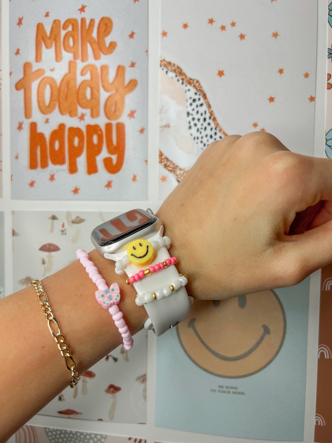 Pink, White, and Gold Smiley Face Beaded Watch Charm Set/apple Watch ...
