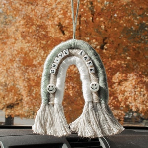 Drive Safe Brown and Blue Smiley Face Macrame Rainbow Car Charm/car ...